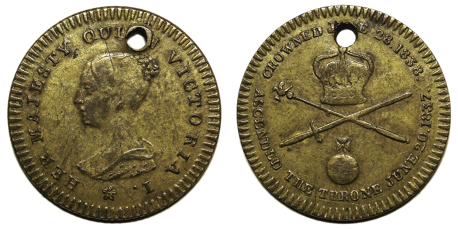 UK "Her Majesty Queen Victoria / Crowned June 28 1838" coronation token ...