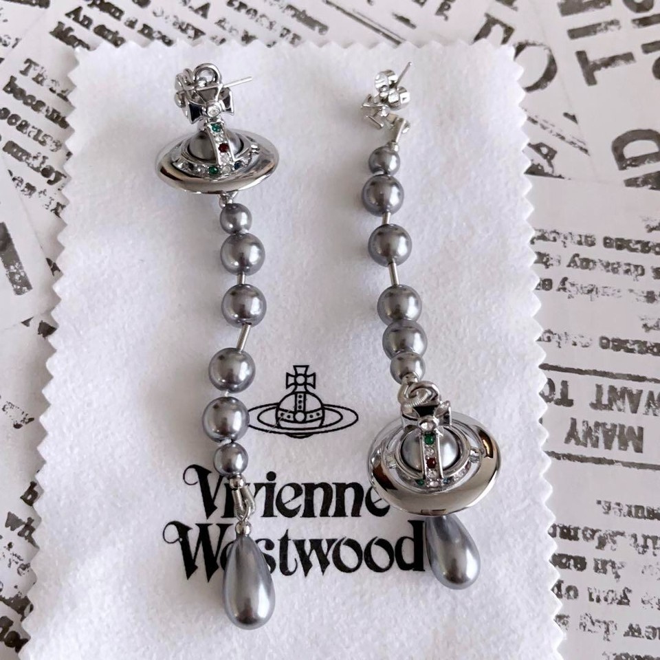 Vivienne Westwood Long Pearl Earring Silver Gray Orb Drop with ...