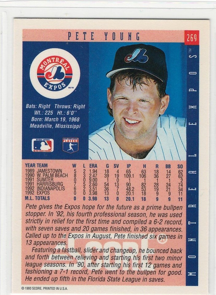 1993 Score Baseball #269 Pete Young Rookie Card RC Expos | eBay