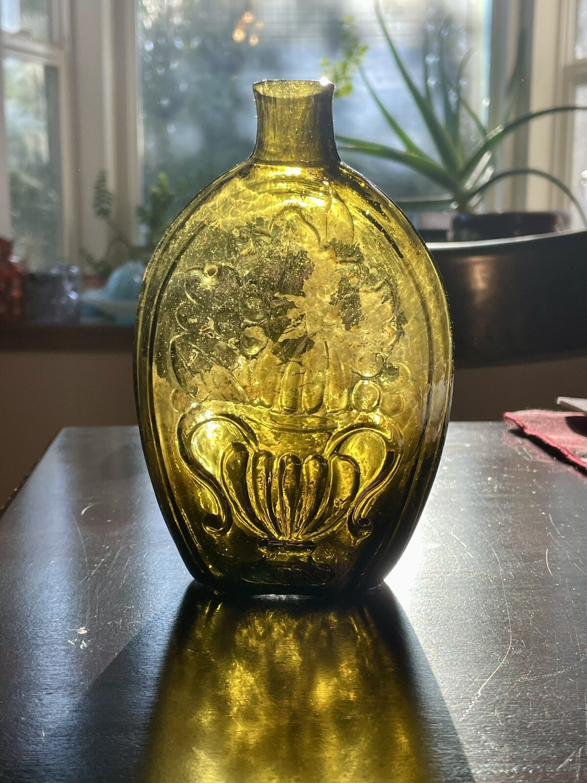 ANTIQUE CORNUCOPIA/URN WITH FRUITS OLIVE GREEN FLASK/BOTTLE 6 3/4 TALL ...