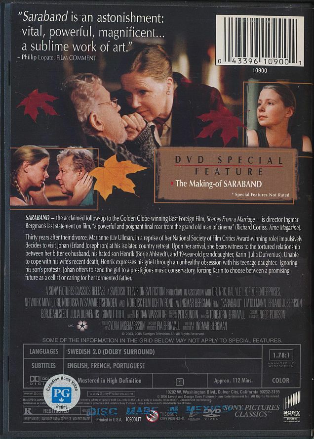 Saraband (DVD, 2006, Swedish, Widescreen) an Ingmar Bergman film ...