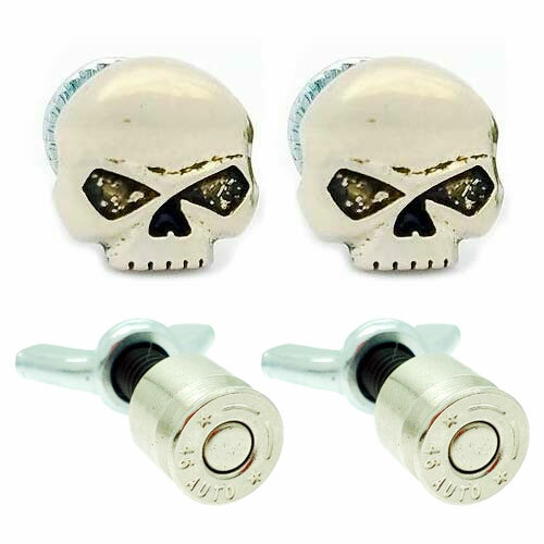 2 Silver Skull 2 Silver 45 Auto Bullet Motorcycle License Plate Frame ...