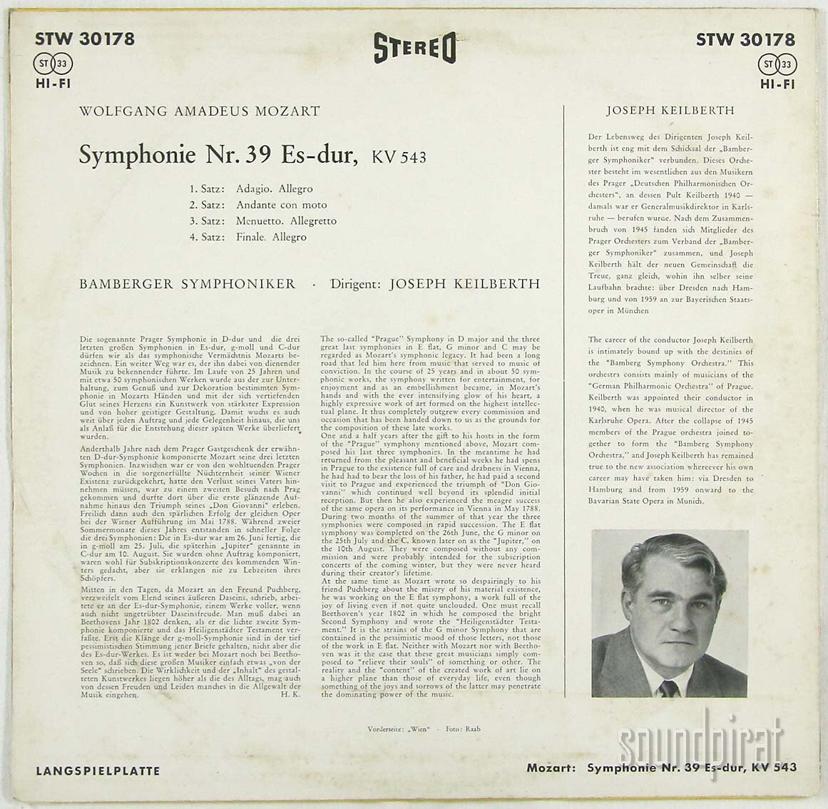 KEILBERTH MOZART SYMPHONY NO. 39 TELEFUNKEN 10" ED.1 STEREO STW 30178 ...