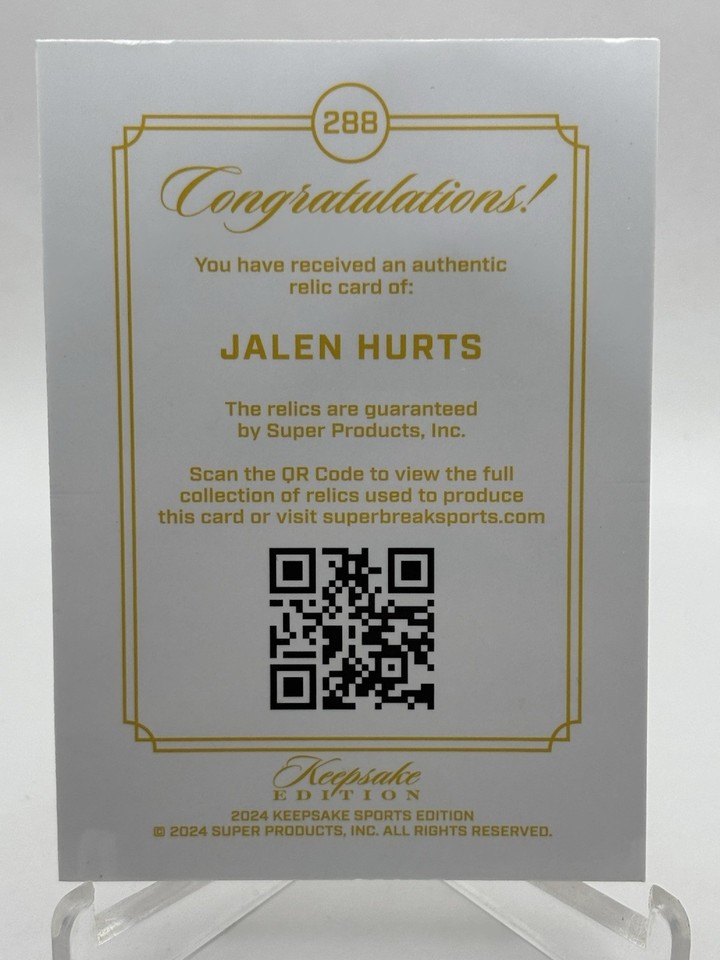 2024 Keepsake JALEN HURTS NFL SHIELD PATCH Relic & Gem #'d /99 Eagles ...