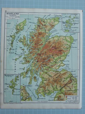 1933 MAP BRITISH ISLES SCOTLAND PHYSICAL LAND HEIGHTS SHETLAND ...