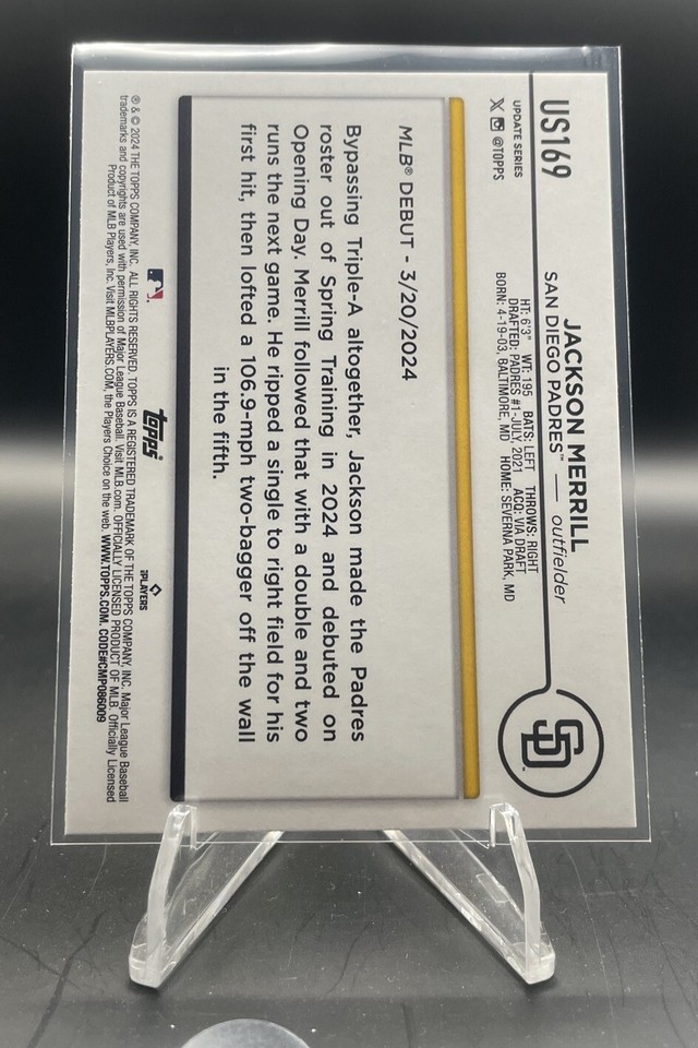 Jackson Merrill 2024 Topps Update Rookie Debut Card RC #US169 San Diego ...