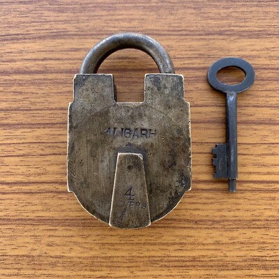 OLD OR ANTIQUE BRASS PADLOCK OR LOCK WITH KEY, RARE SHAPE AND RICH ...
