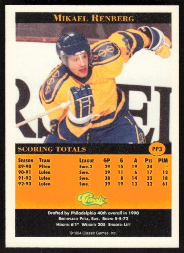 1994-95 Classic Pro Prospects #PP3 Mikael Renberg Rookie Sweden | eBay