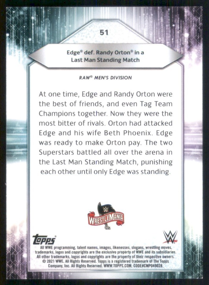 2021 Topps WWE Dark Green #51 Edge def. Randy Orton in a Last Man ...