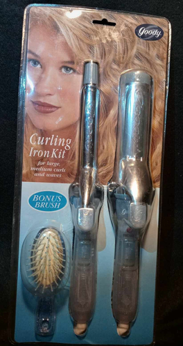 Vtg Goody Curling Iron Kit 1 1/2" & 3/4" + Bonus Brush Hair Curls BLUE ...
