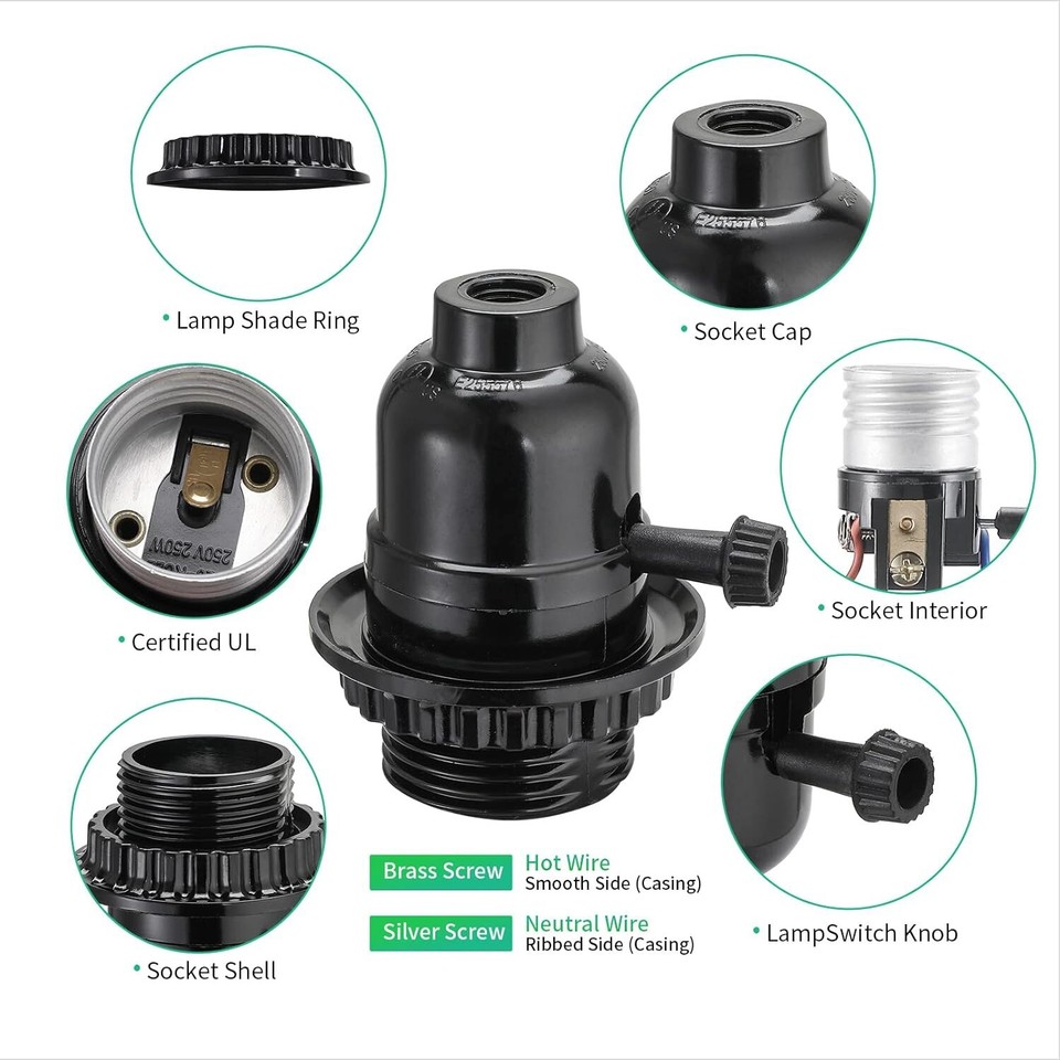 UL Listed E26 Light Socket, Threaded Lamp Socket Replacement with ON ...
