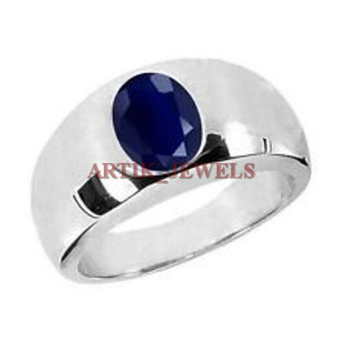 Heated Blue Sapphire Gemstone with 925 Sterling Silver Ring for Men's ...
