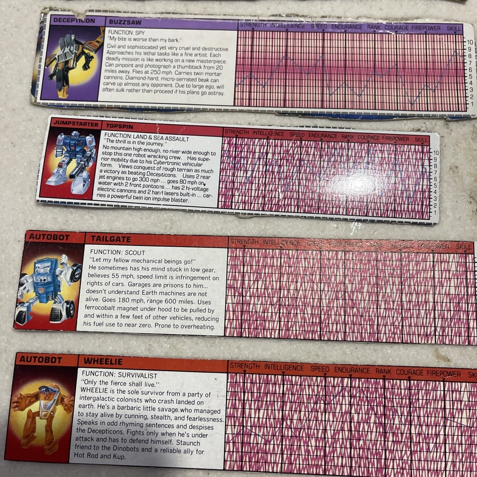 Vintage G1 TRANSFORMERS AUTOBOT Decepticon TECH SPEC FILE CARD Lot ...