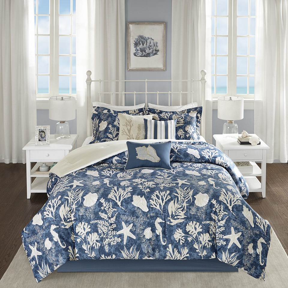 BEAUTIFUL COASTAL CORAL BEACH BLUE WHITE SEA SHELL OCEAN NAUTICAL ...