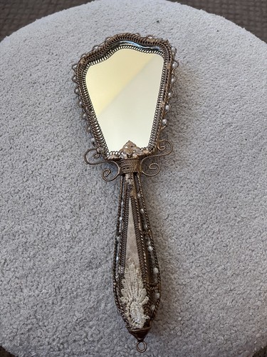 Vintage Vanity Mirror hand held Victorian gold tone rose lace beveled ...