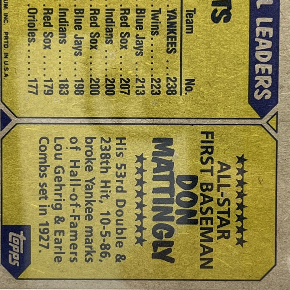 1987 topps Don Mattingly all star Multi error card double mustache W ...