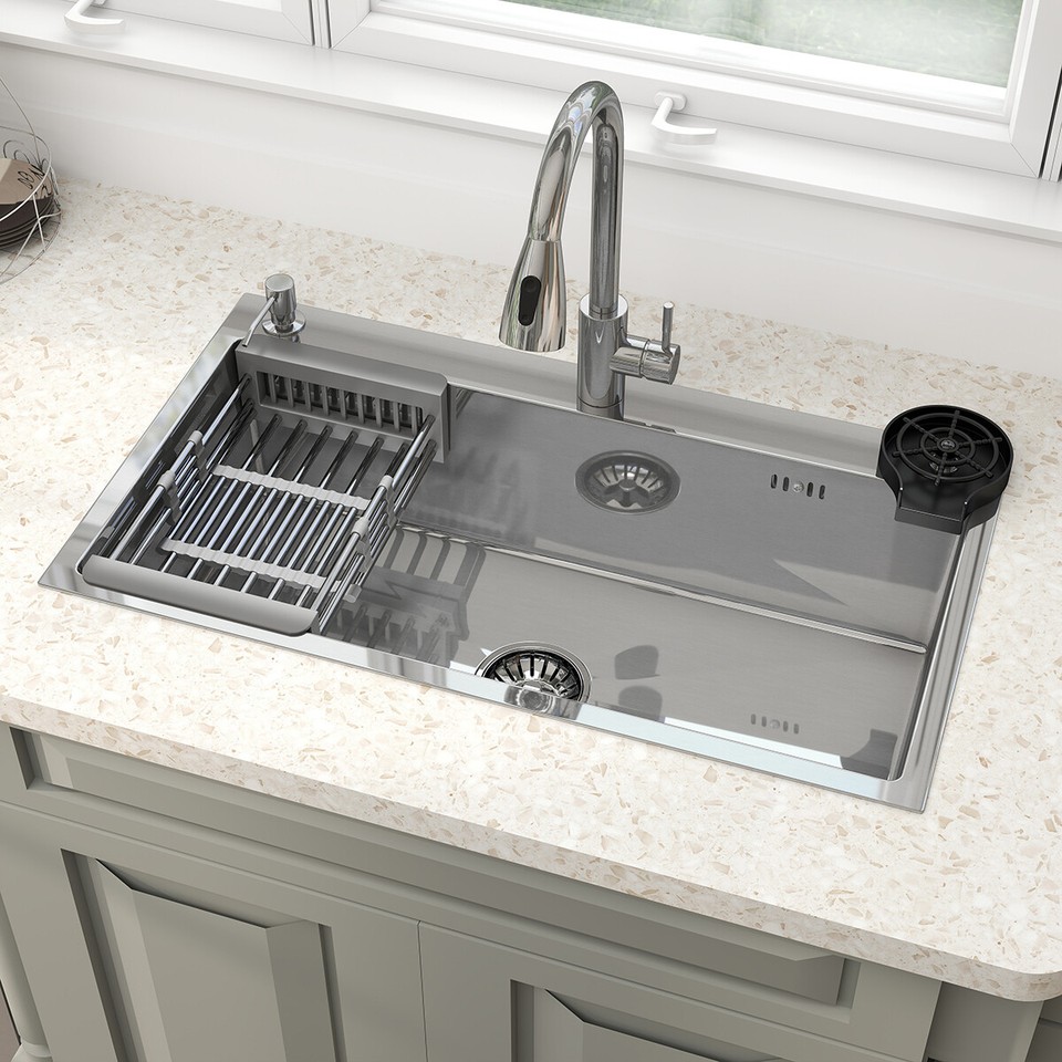 Silver Kitchen Sink Stainless Steel 28"/30"/32" Single Bowl Drop In Top ...