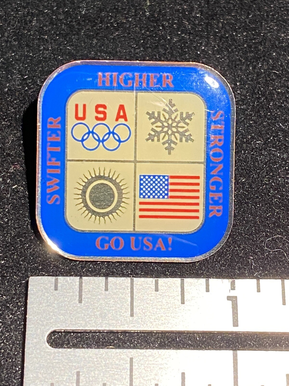 OLYMPICS PIN – SWIFTER, HIGHER, STRONGER – US Flag, Rings, Snowflake ...
