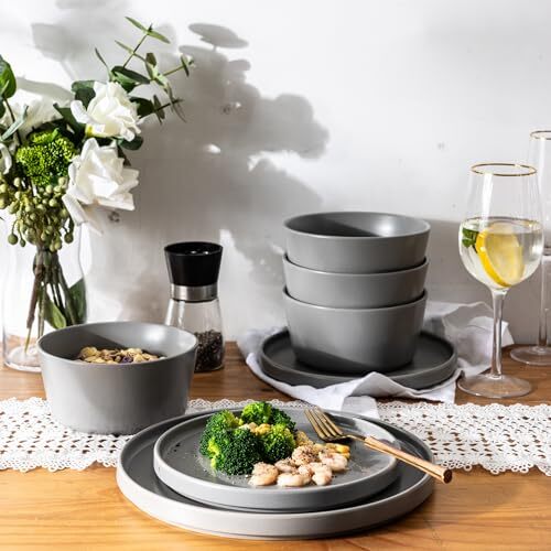 Ceramic Dinnerware Sets of 4, Modern Flat Service for 4-12Pcs Matte ...