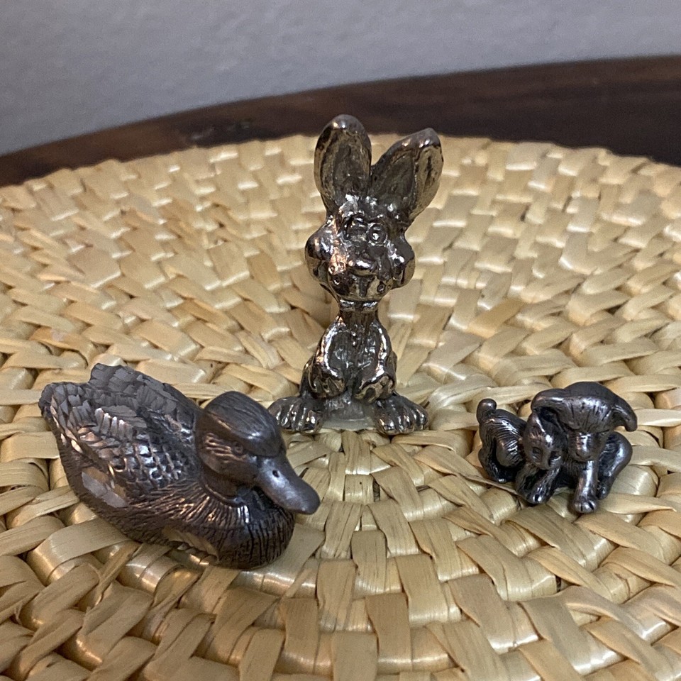 Mixed Metals Miniature Lot Pewter Bunny Rabbit Duck Cat/Dog 3 Dollhouse ...