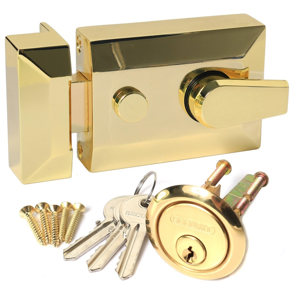 FRONT DOOR LOCK NIGHTLATCH Brass/Gold Security Deadlock Bolt Cylinder ...