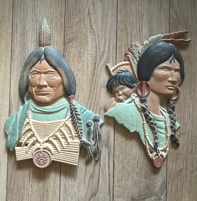 Pair Vintage Sexton Indian Native American Head Metal Wall Plaques ...