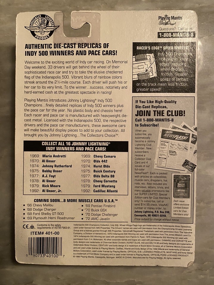 Johnny Lightning Indianapolis 500 Bobby Unser Winner Pace Car Buick ...