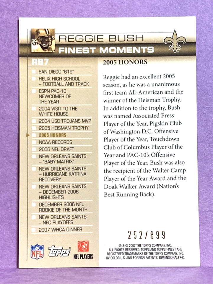 2007 Topps Finest REGGIE BUSH Finest Moments /899 Card #RB7 Saints | eBay