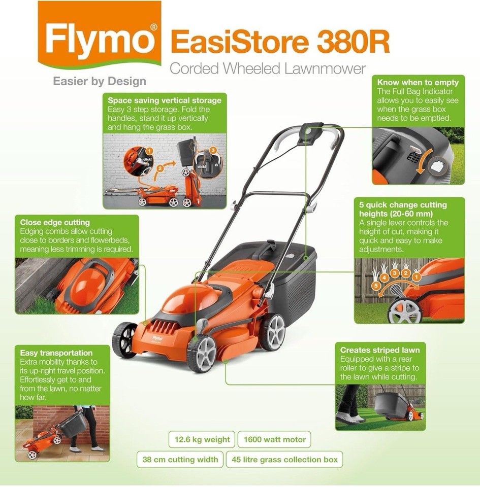 Flymo EasiStore 380R Electric Rotary Lawn Mower - 38 cm Cutting Width ...