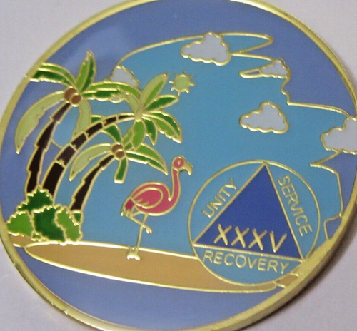 Beach - Blue yellow pink Alcoholics Anonymous 35 Year AA Medallion Coin ...