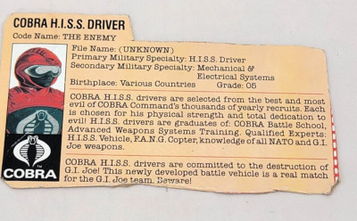 VTG GI JOE COBRA FILE CARD H.I.S.S. DRIVER THE ENEMY HISS 1980s HASBRO ...