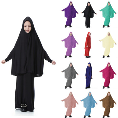 Muslim Kids Girl Long Scarf Hijab+Dress Islamic Prayer Kaftan Arab Maxi ...