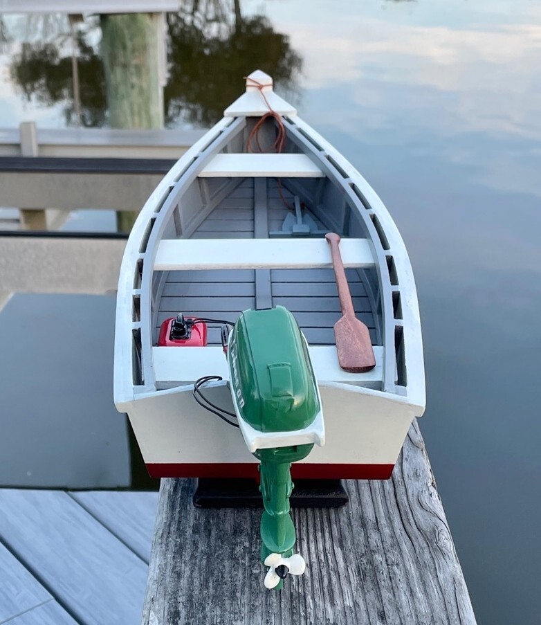 WOODEN SKIFF MODEL, 17.50 INCHES LONG, WITH GREEN 1955 JOHNSON 10HP ...