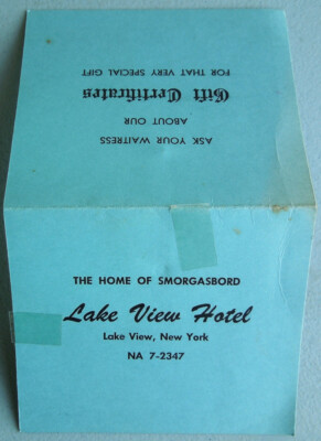 Vintage 1950 LAKE VIEW HOTEL Restaurant Beverage Drink Table Tent MENU ...