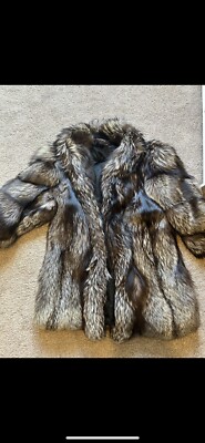 Brown real silver fox fur furcoat L XL fur coat jacket silverfox collar ...