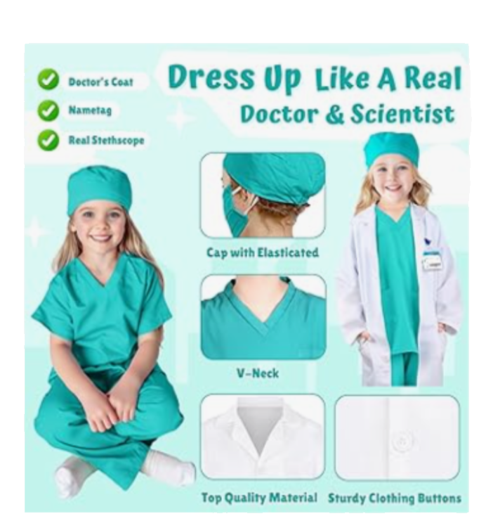 Doctor Costume for Kids Scrubs Real Stethoscope Lab Coat Halloween ...