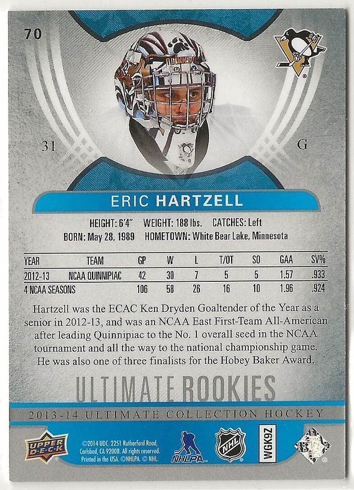 2013-14 Ultimate Collection Ultimate Rookies #70 Eric Hartzell 257/499 ...