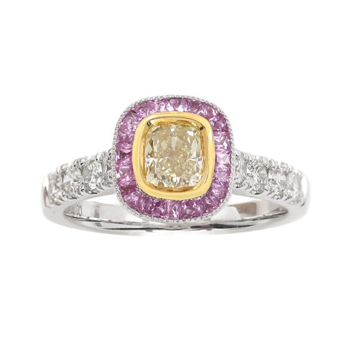 18k Natural Yellow Diamond Pink Sapphire ring white gold Art Deco ...