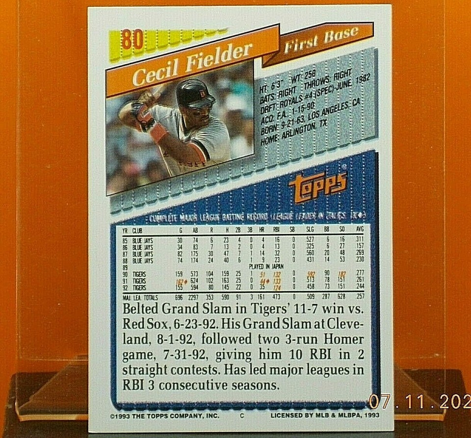 1993 TOPPS GOLD Baseball Card # 80 *** CECIL FIELDER *** Detroit Tigers ...