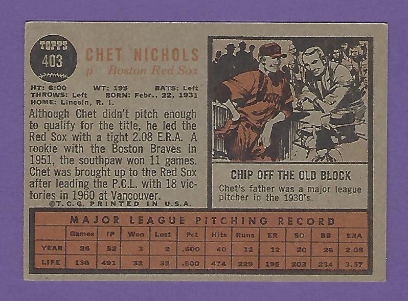 1962 Topps - #403 Chet Nichols - Boston Red Sox - Ex+ CENTERED | eBay