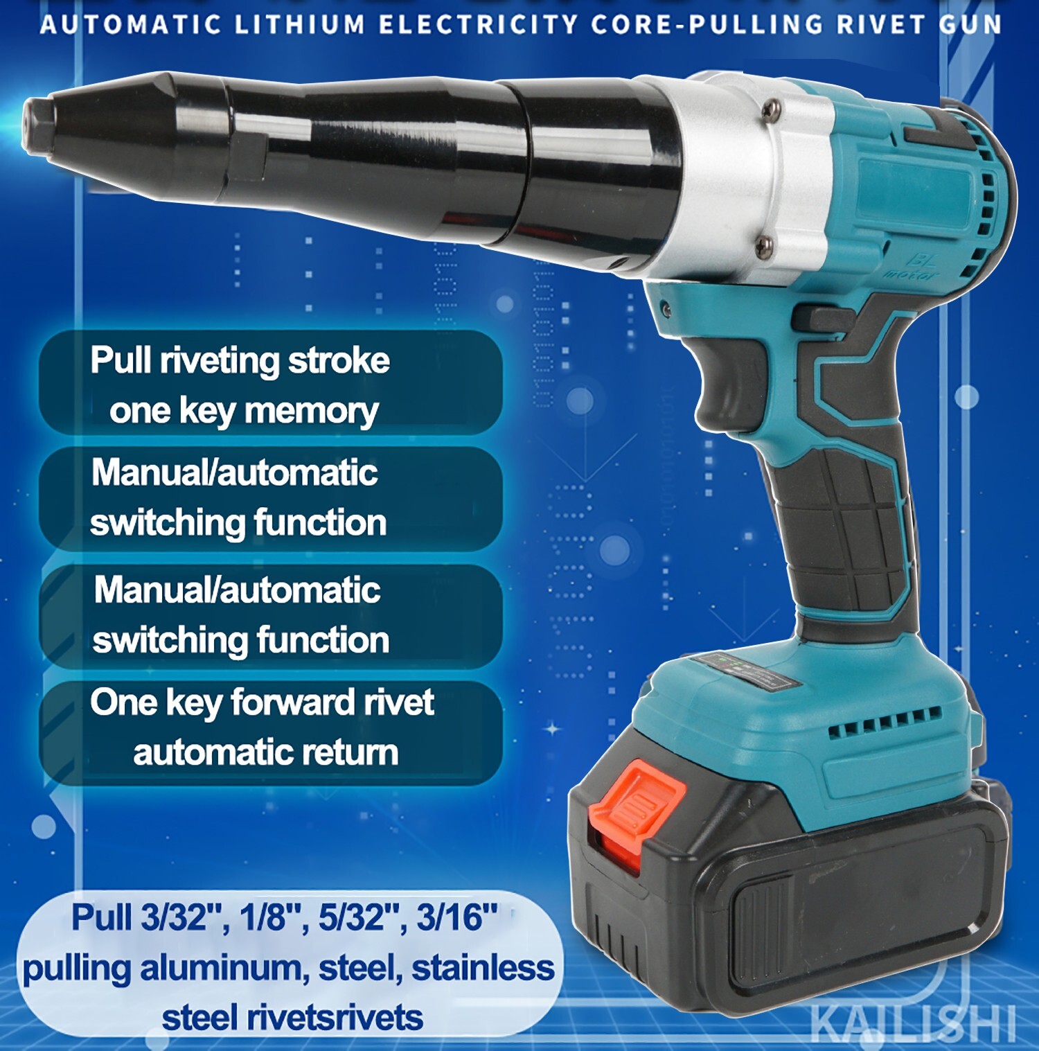 21V Pop Rivet Gun Cordless Electric Automatic Rivnut Tool NutSert Blind ...