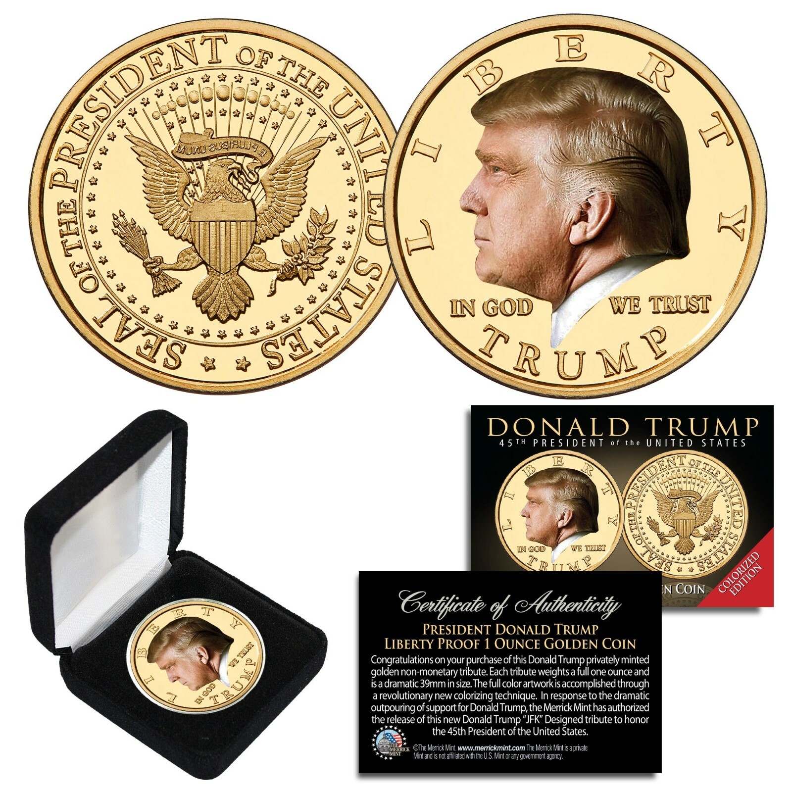 Donald Trump 45th President Color Liberty Proof 1 OZ Golden Tribute ...