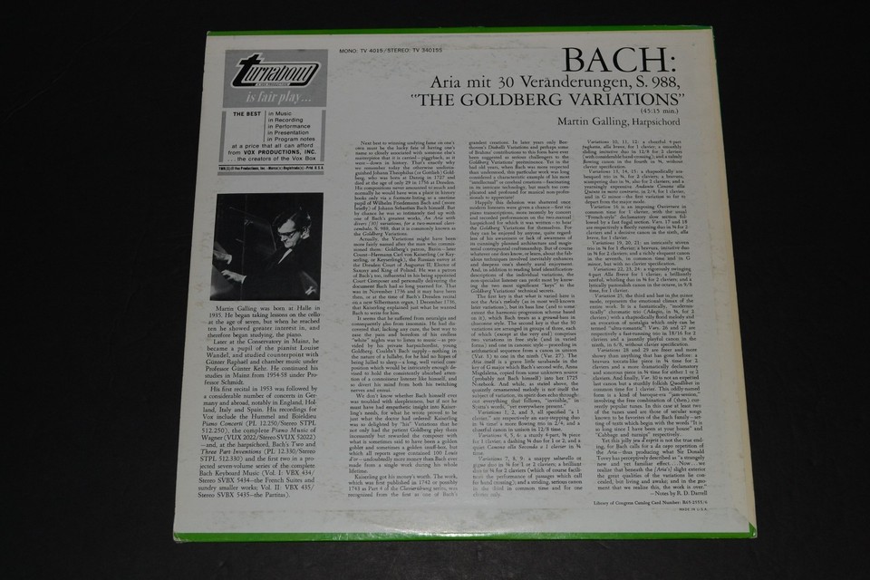 Bach The Goldberg Variations - Martin Galling, Harpsichord - Turnabout ...