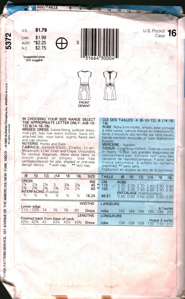 5372 Vintage Butterick SEWING Pattern Misses Loose Fitting Pullover ...