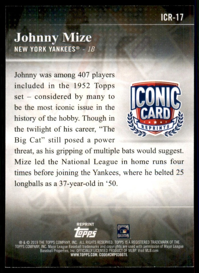 2019 Topps Iconic Card Reprints Johnny Mize New York Yankees #ICR-17 | eBay