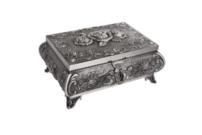 PEWTER FINISH 28CM QUEEN ANNE VINTAGE JEWELLERY BOX ROSES LOCK MOTHERS ...