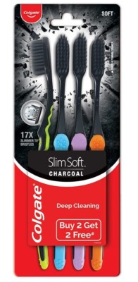 Colgate Slim Soft Charcoal Toothbrush Pack of 4 Toothbrushes Assorted ...