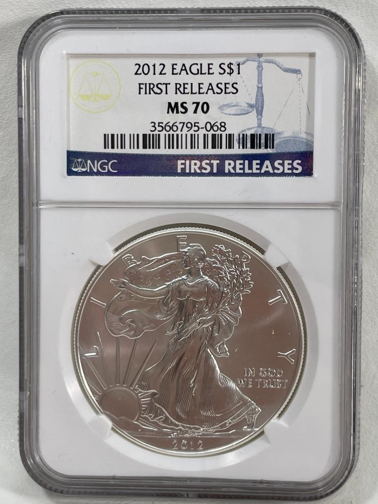 2012 American Silver Eagle, First Releases, NGC MS70, 1 ozt .999 G19.6 ...