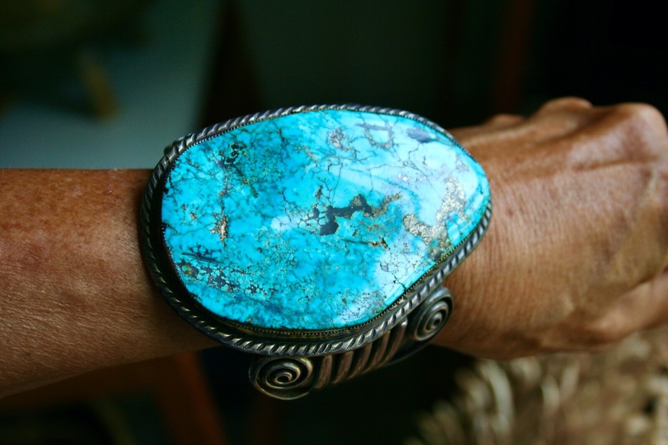 Vintage Native American Museum Gem Quality Turquoise Slab Sterling Cuff ...