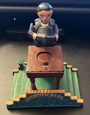 VTG Magician Mechanical Bank Cast Iron Magicians Hat Trick Coin Bank ...